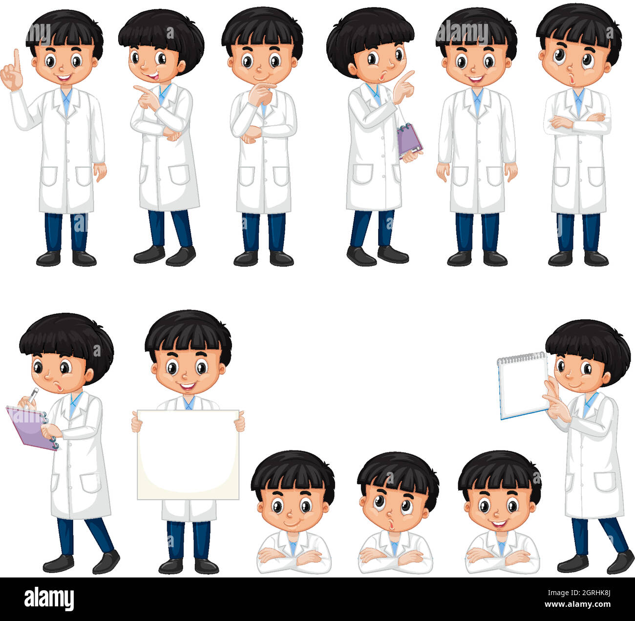 Boy in science gown in different poses on white background Stock Vector ...