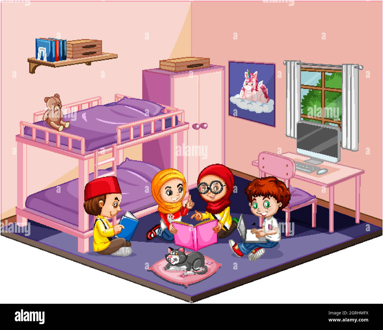 Kids in the bedroom in pink theme scene on white background Stock ...