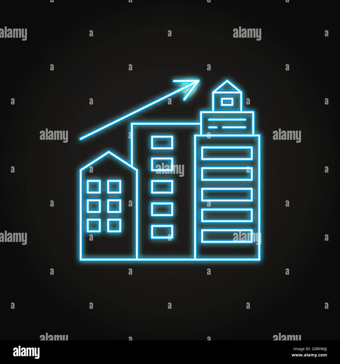 Neon urbanization icon in thin line style. Growing city skyscrapers ...