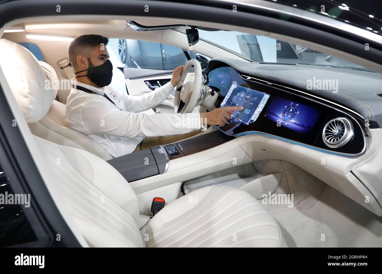 Barcelona, Spain. 01st Oct, 2021. Fausto Calero shows a Mercedes EQ at ...