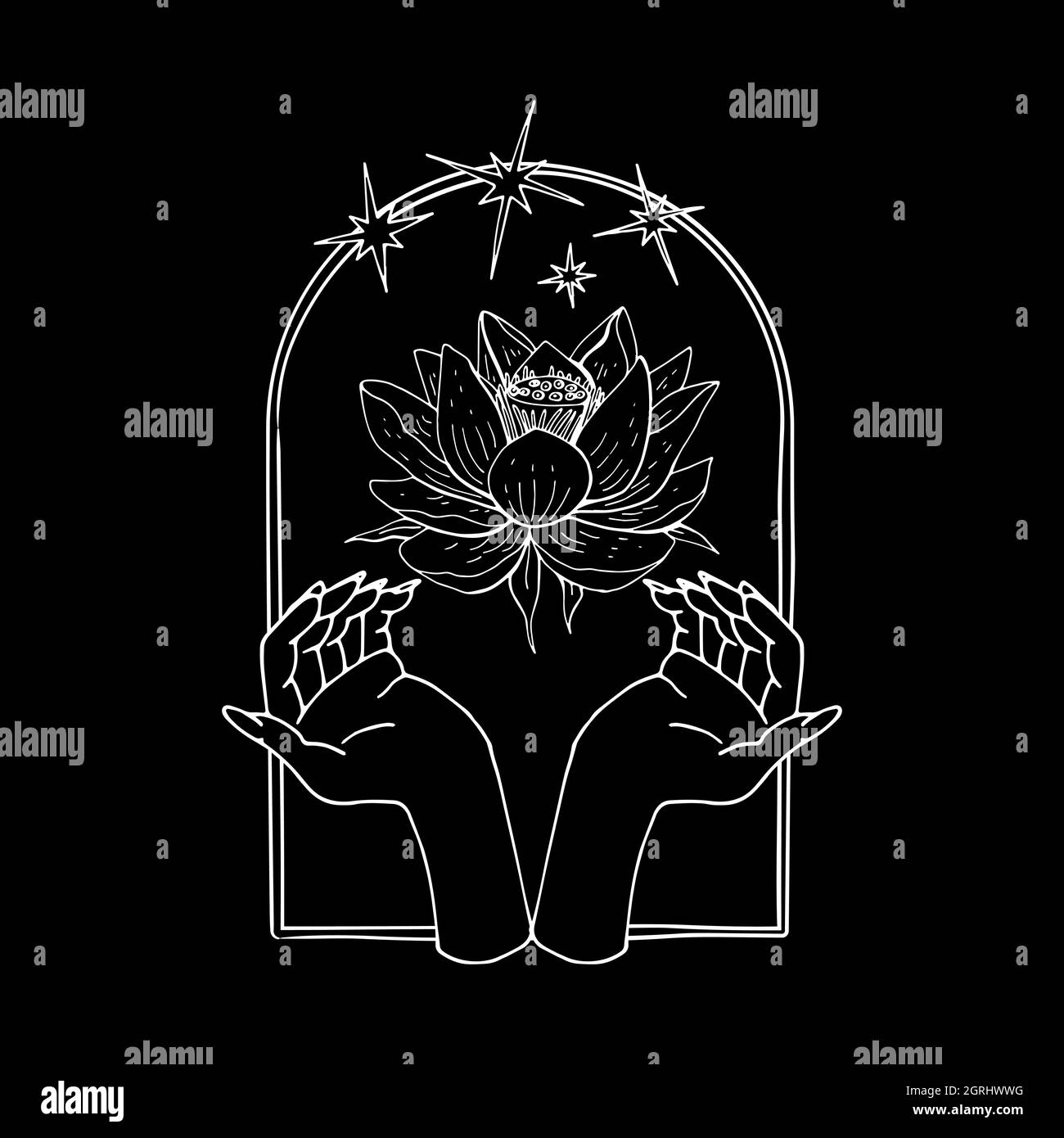 Vintage Mystic hands and lotus flower bloom inside arch with stars ...
