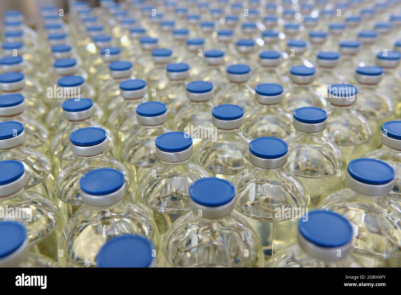 medical products manufacturing in a modern factory - glass bottles with ...