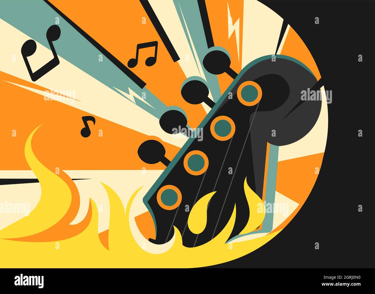 Rock music banner with guitar on fire. Placard design in flat style ...