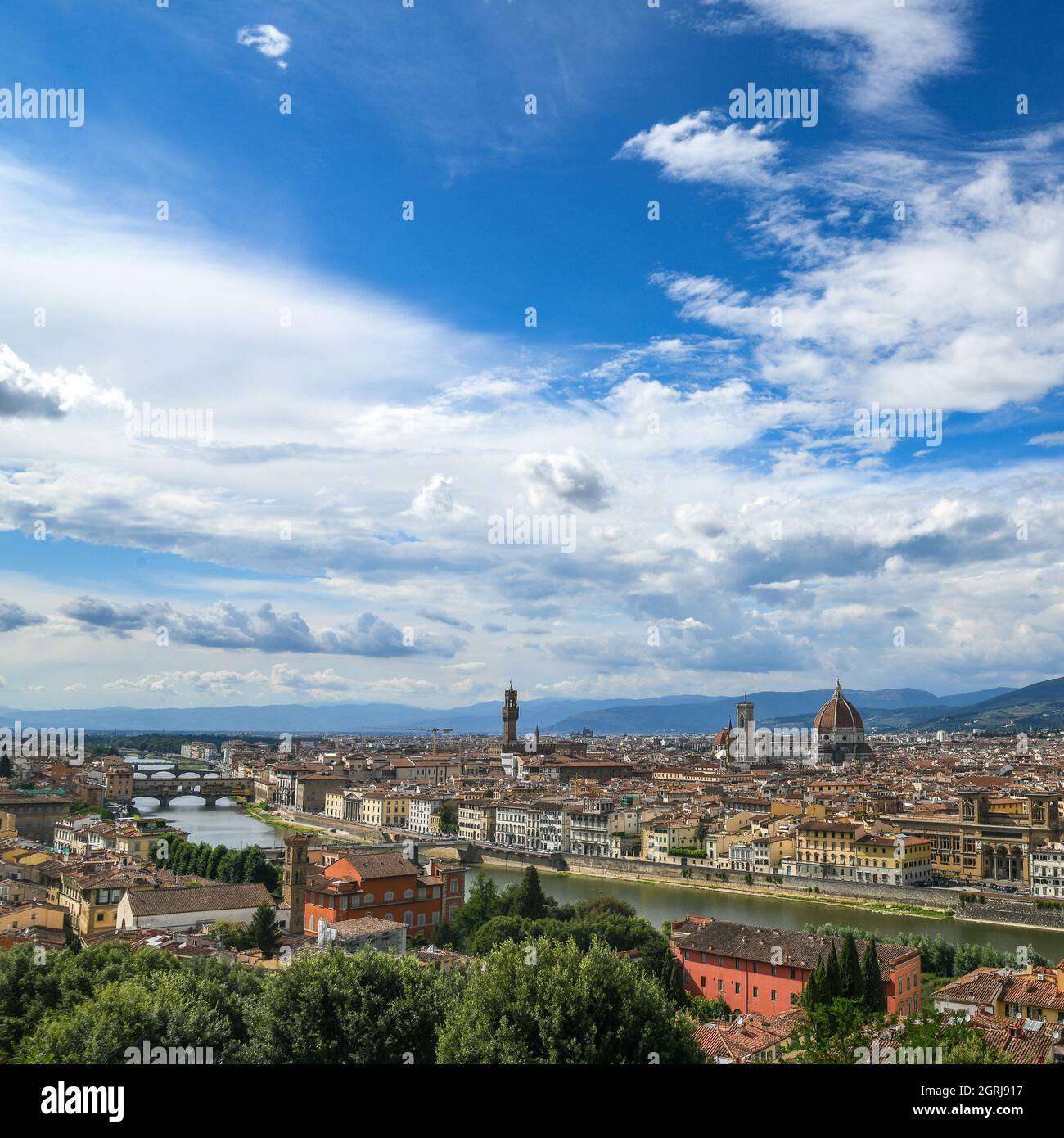 Beautiful panoramic view of Florence in a sunny day with blue sky and ...