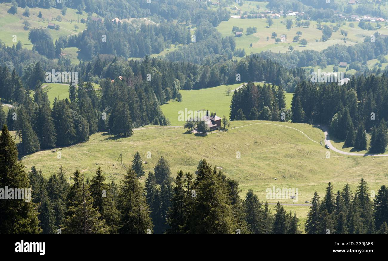 Chapel Obhäg (Obhäg Kapelle) on a hill and forest, view from Wildspitz ...