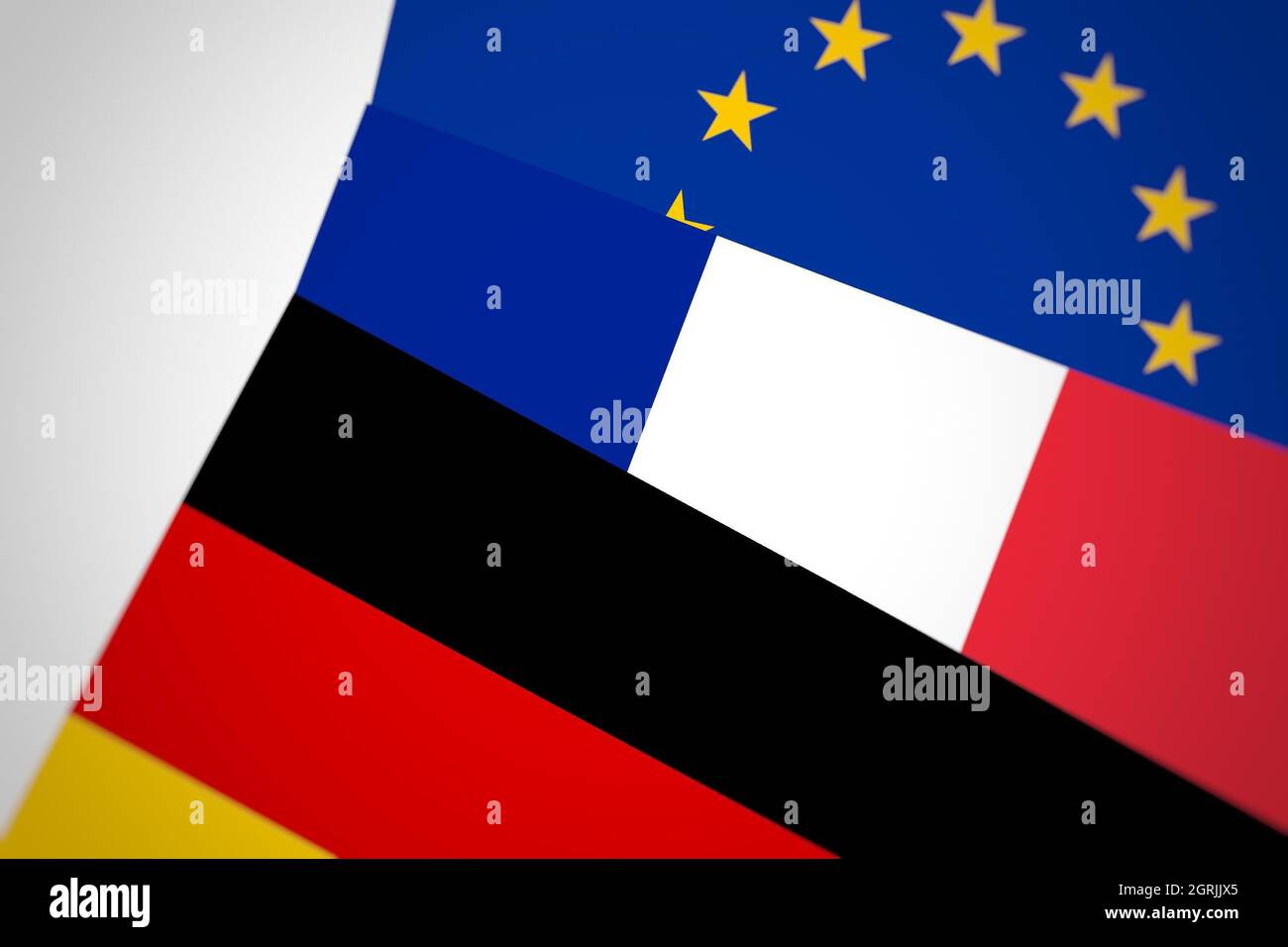 Mixed flags of Germany, France, and the EU isolated on white background ...