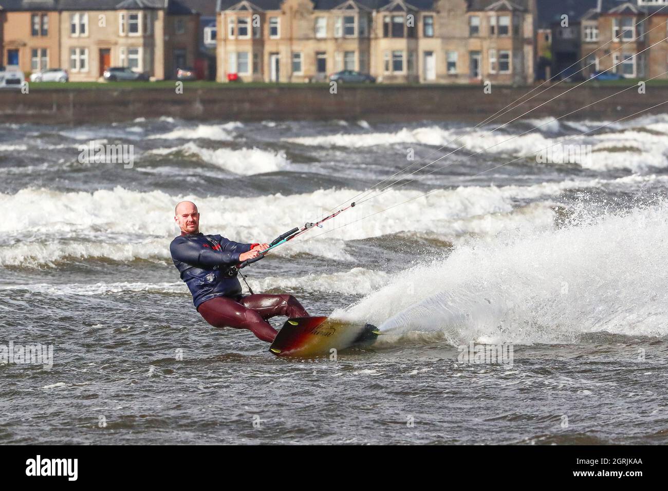 Troon, UK. 1st Oct, 2021. Blustery westerly winds, high tides and a ...