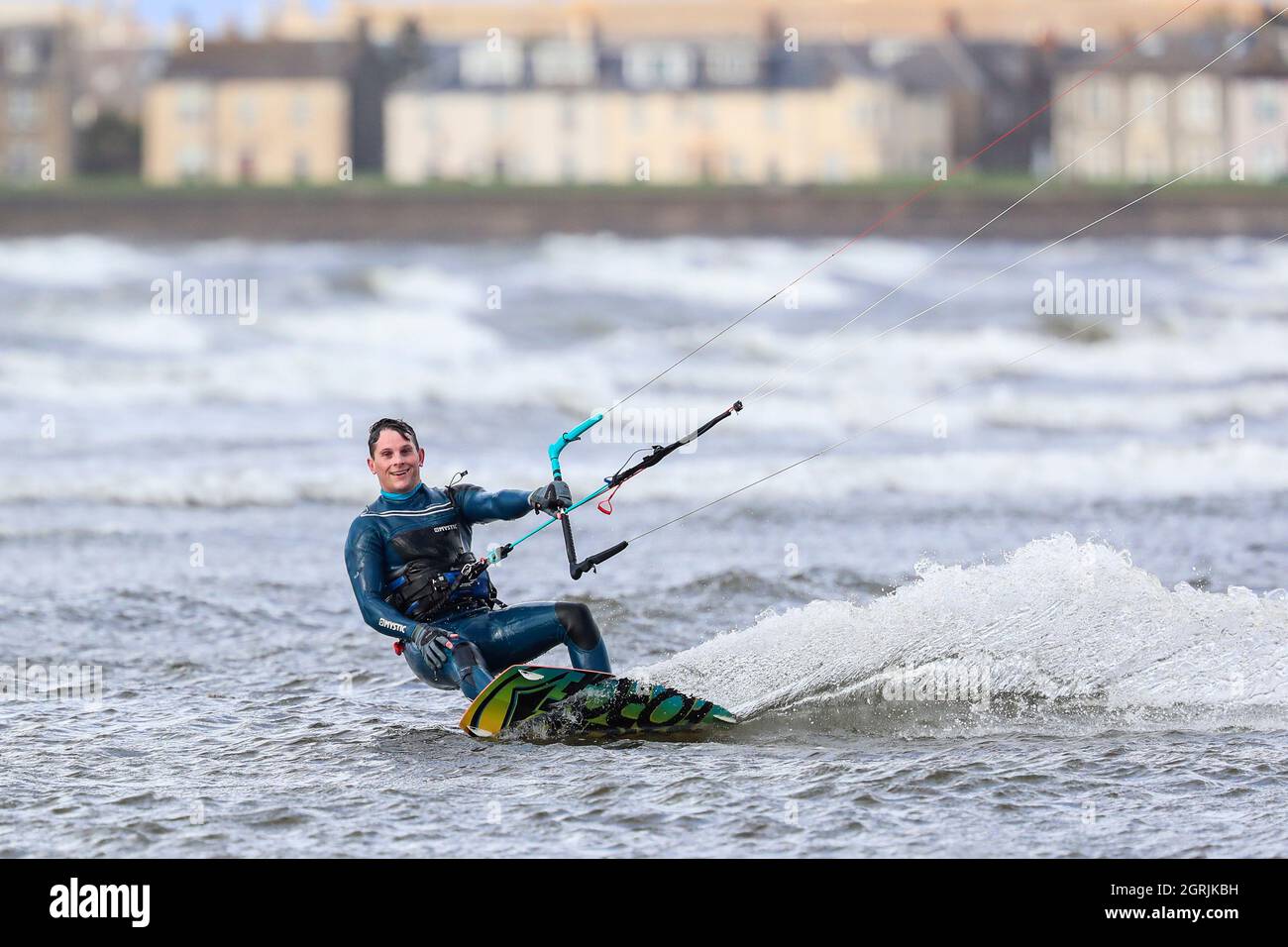Troon, UK. 1st Oct, 2021. Blustery westerly winds, high tides and a ...