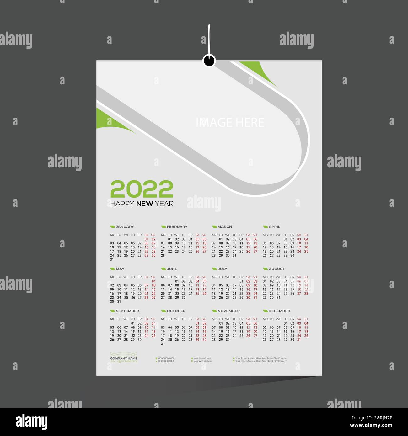 Green Colored 12 Month Wall Vector Calendar 2022 Design Stock Vector ...