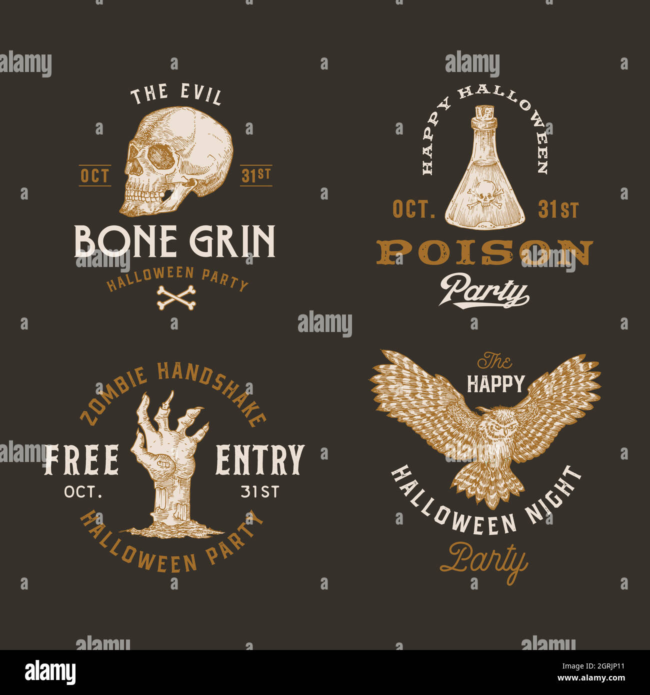 Vintage Style Halloween Logos or Labels Template Set. Hand Drawn Scull ...