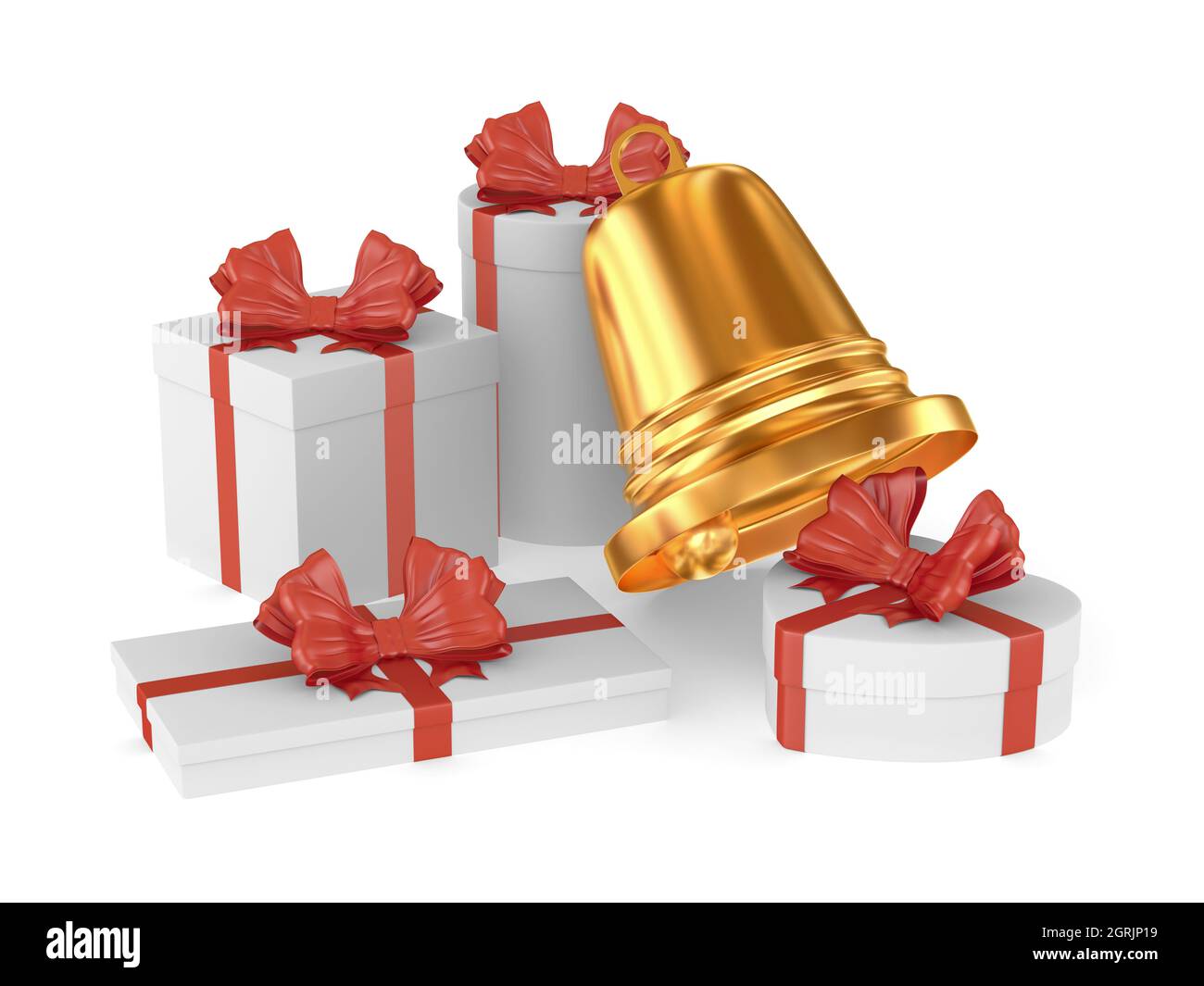 white boxes with red bow and bell on white background. Isolated 3D ...