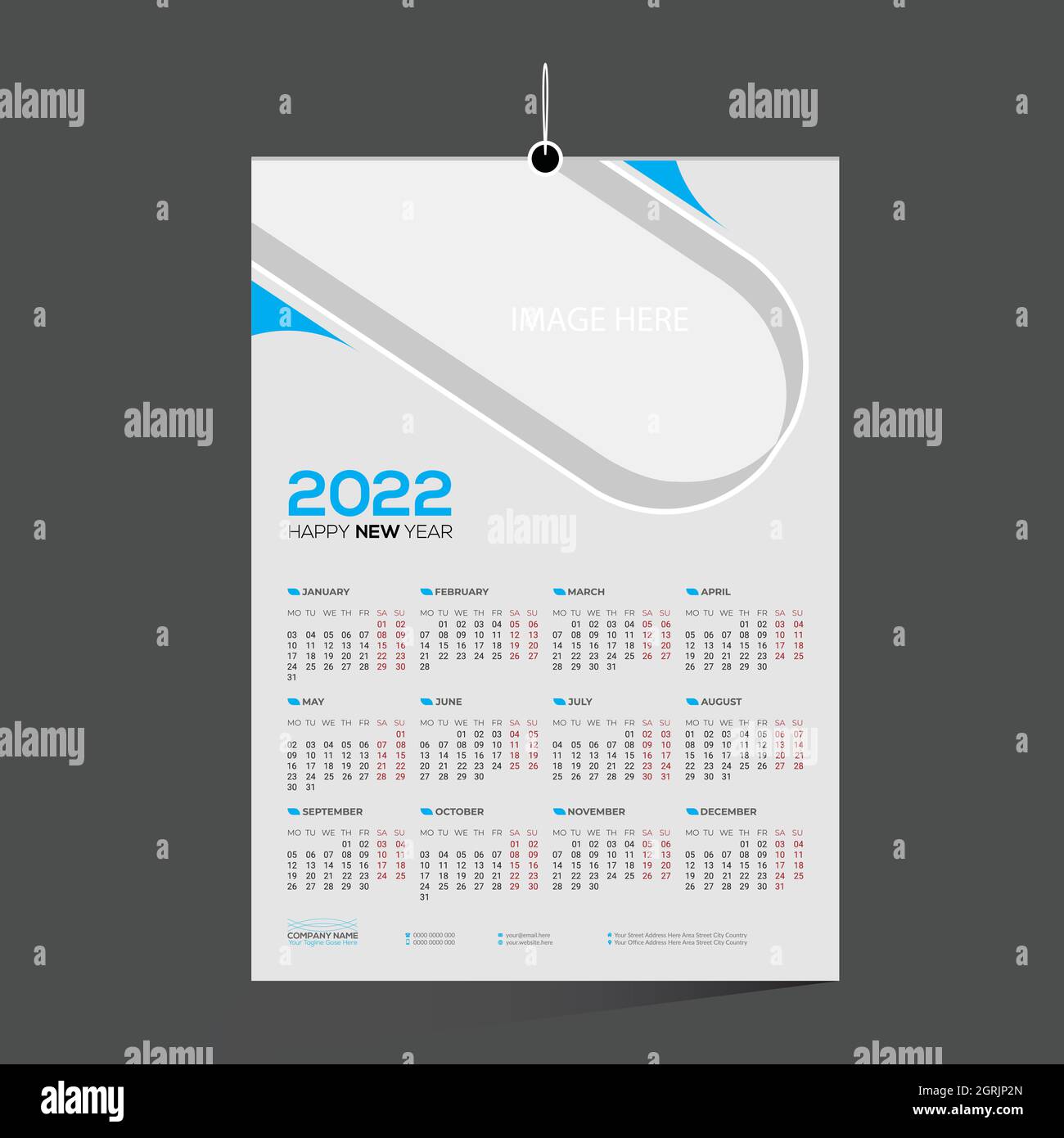 Cyan Colored 12 Month Wall Vector Calendar 2022 Design Stock Vector ...