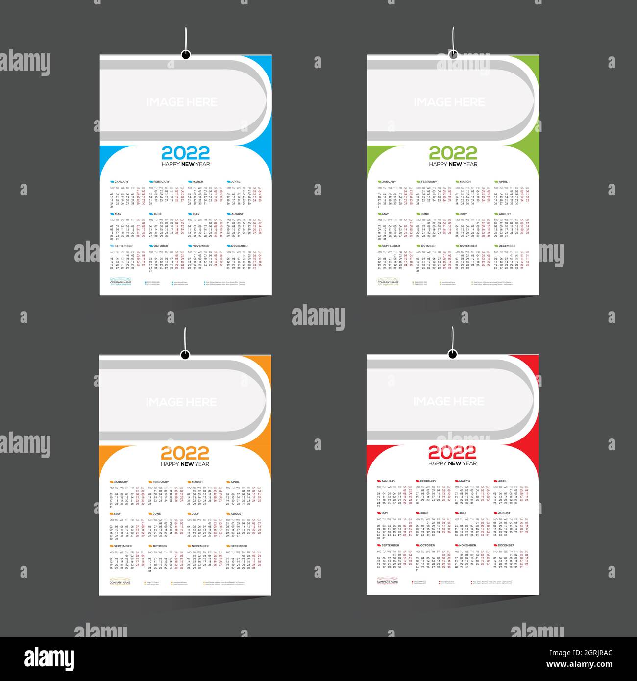 4 Colored 12 Month Wall Vector Calendar 2022 Design Stock Vector Image ...