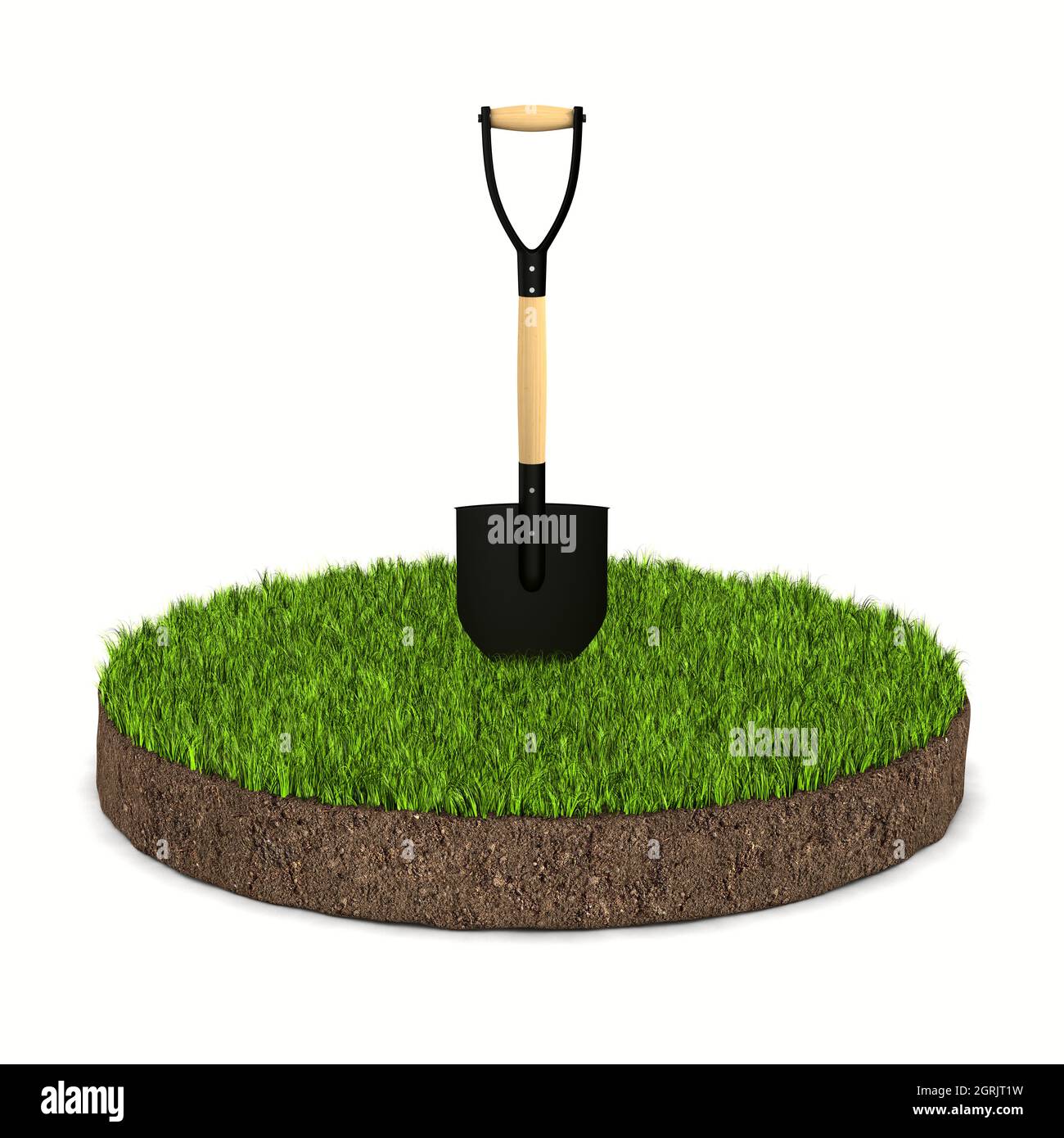 round soil ground with green grass and shovel on white background ...