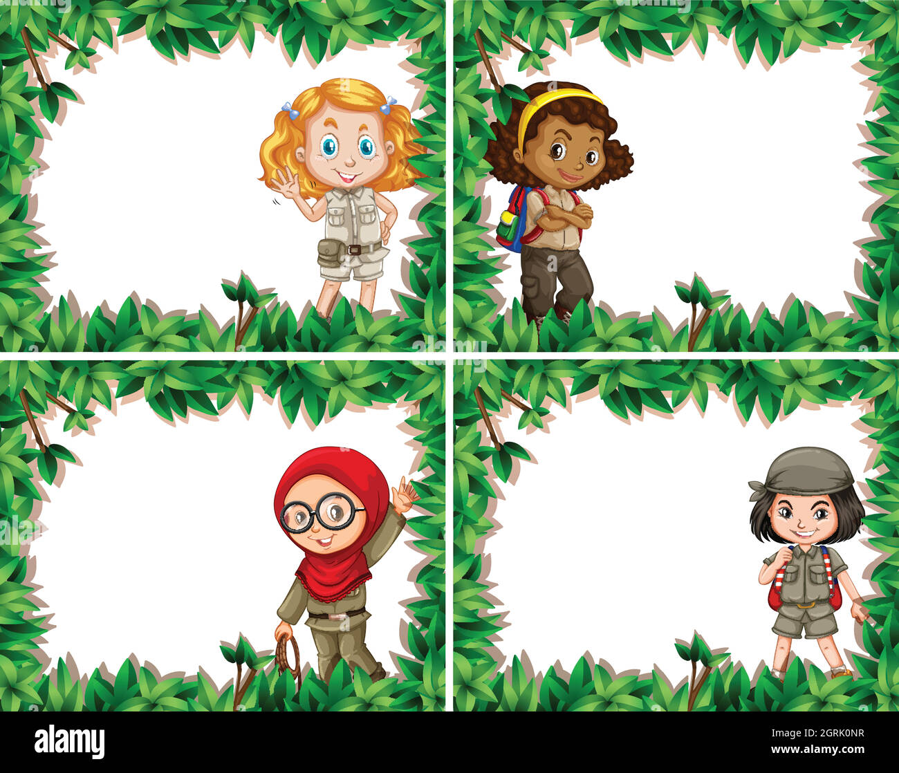 Girl Scouts In Card WIth Leaf Border Stock Vector Image & Art - Alamy