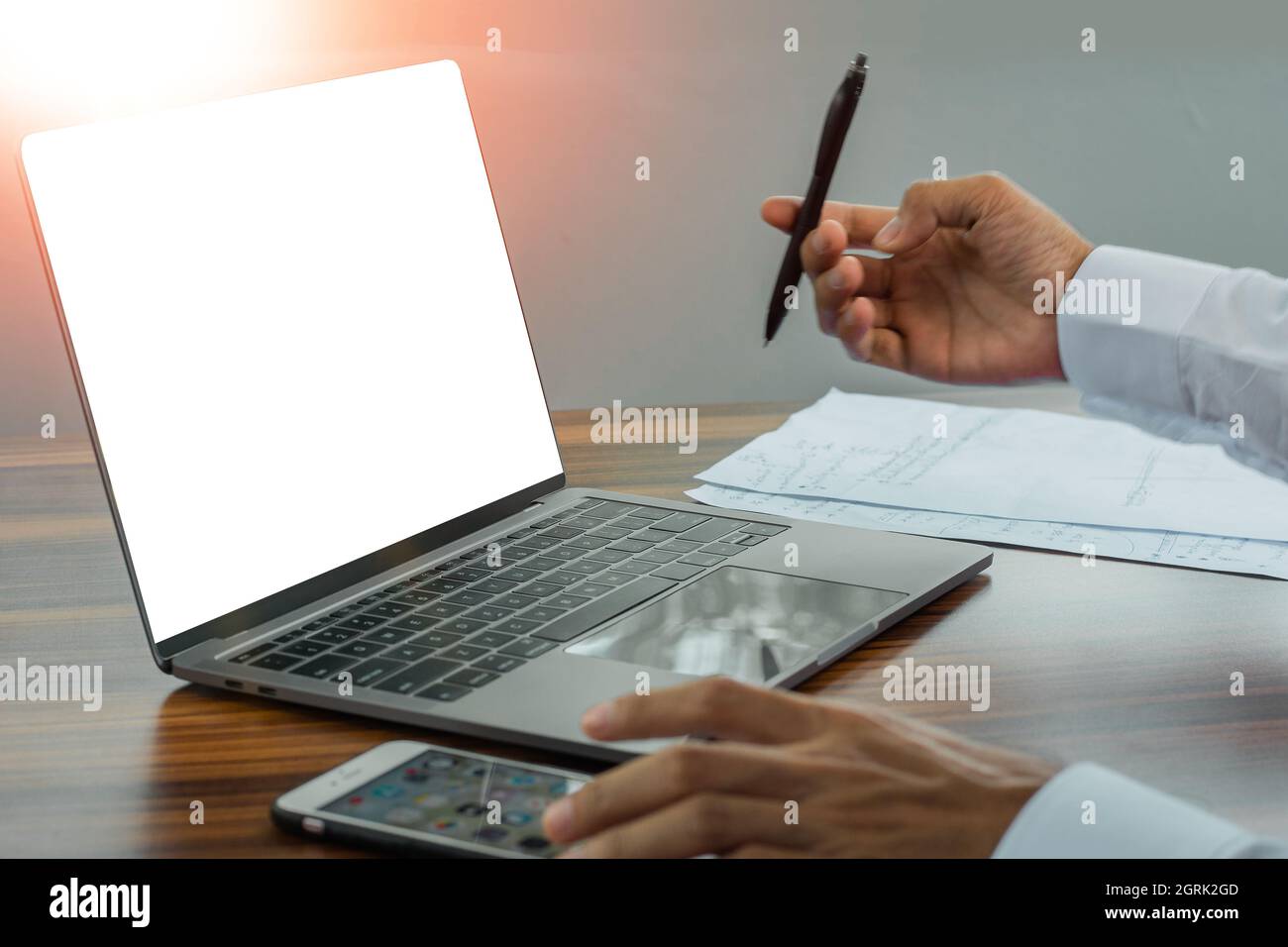 Hand using computer notebook work business on internet technology Stock ...