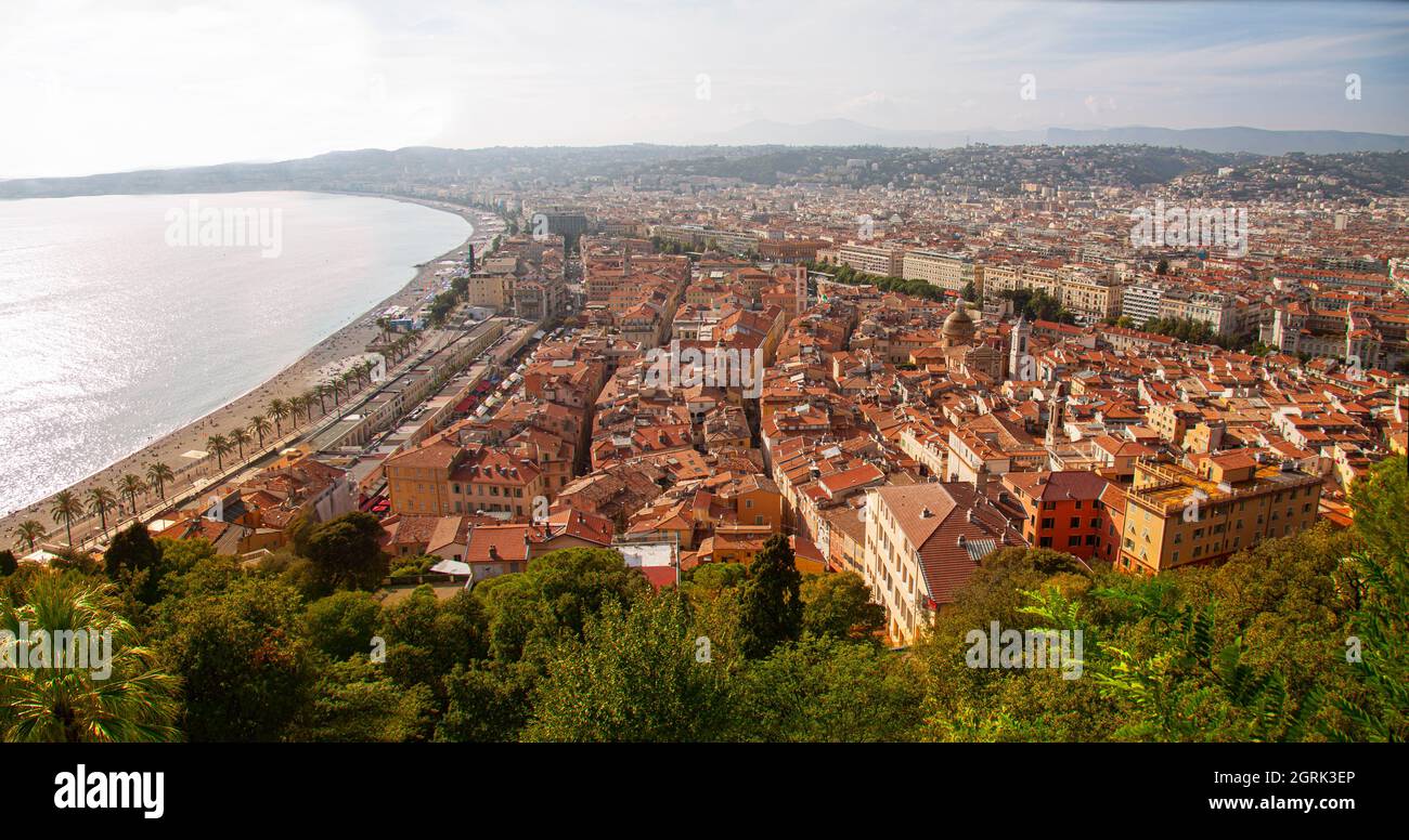 Aerial view of Nice, France, with the beach and Promenade des Anglais ...