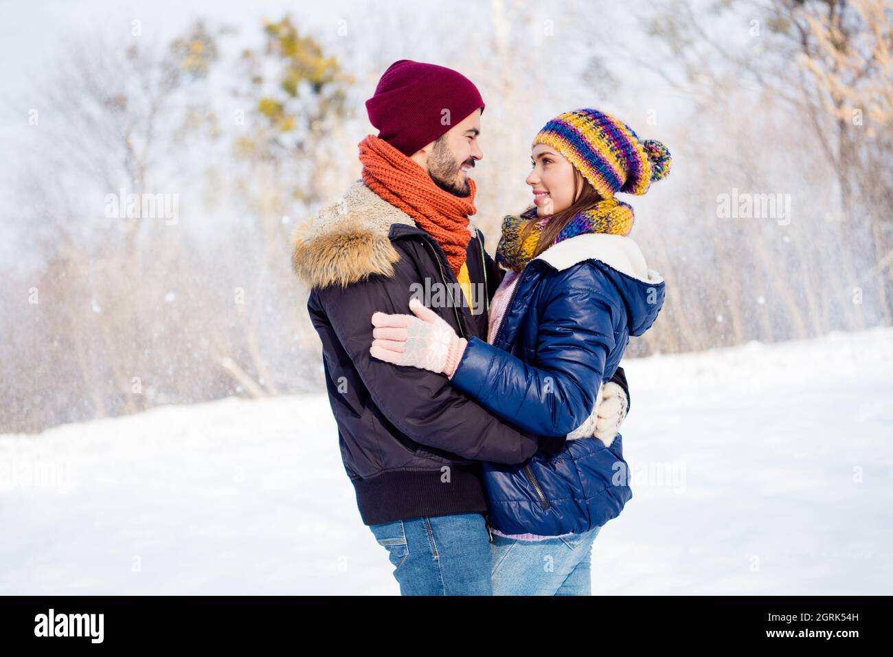 Portrait of attractive positive lady handsome guy hugging look gentle ...