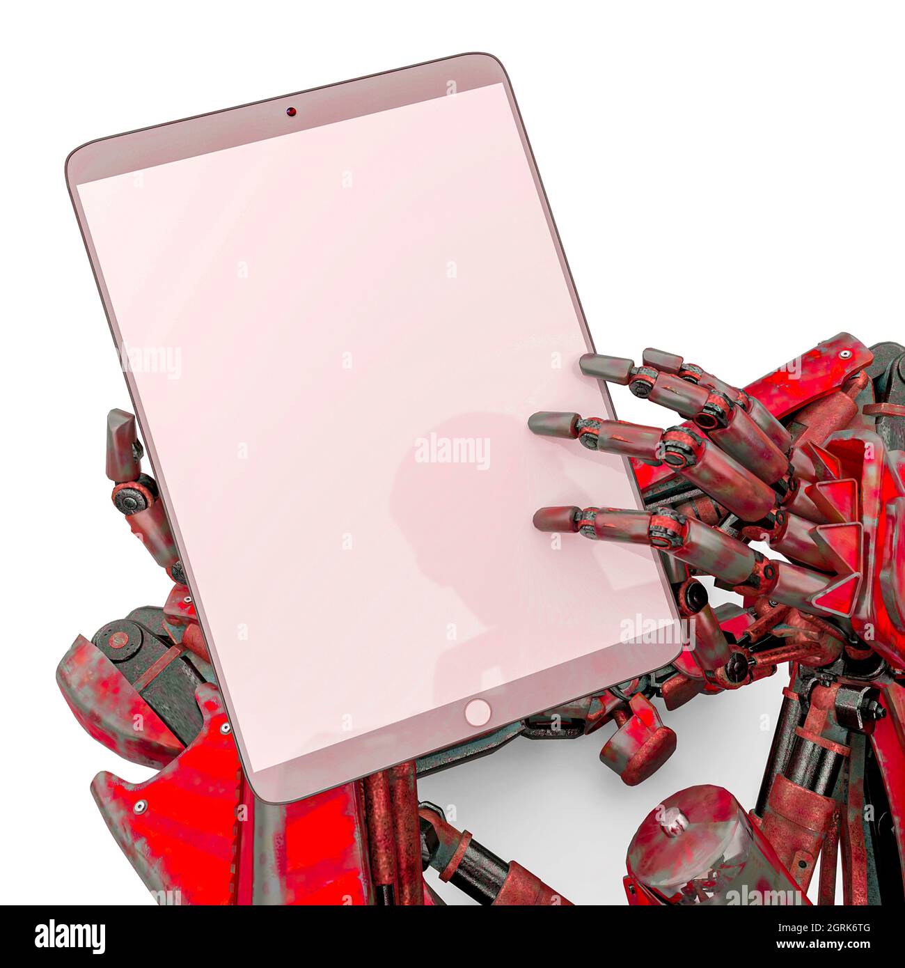 mega drone soldier robot is using a tablet with white screen close up ...