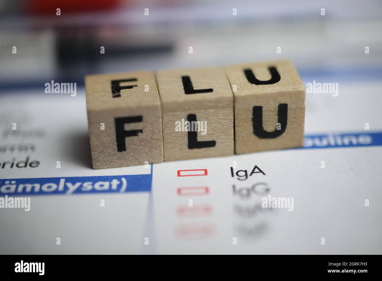 Viersen, Germany - June 1. 2021: Closeup of word flu on laboratory ...
