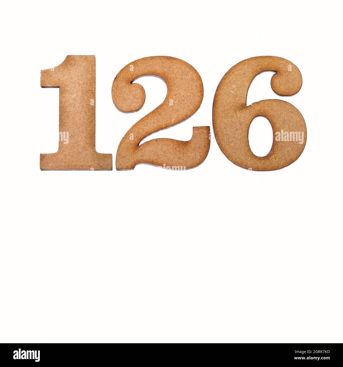 Number 126 in wood, isolated on white background Stock Photo - Alamy