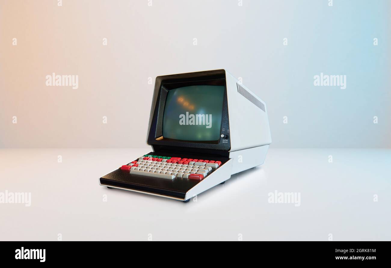 Close-up Of Vintage Computer Against White Background Stock Photo - Alamy