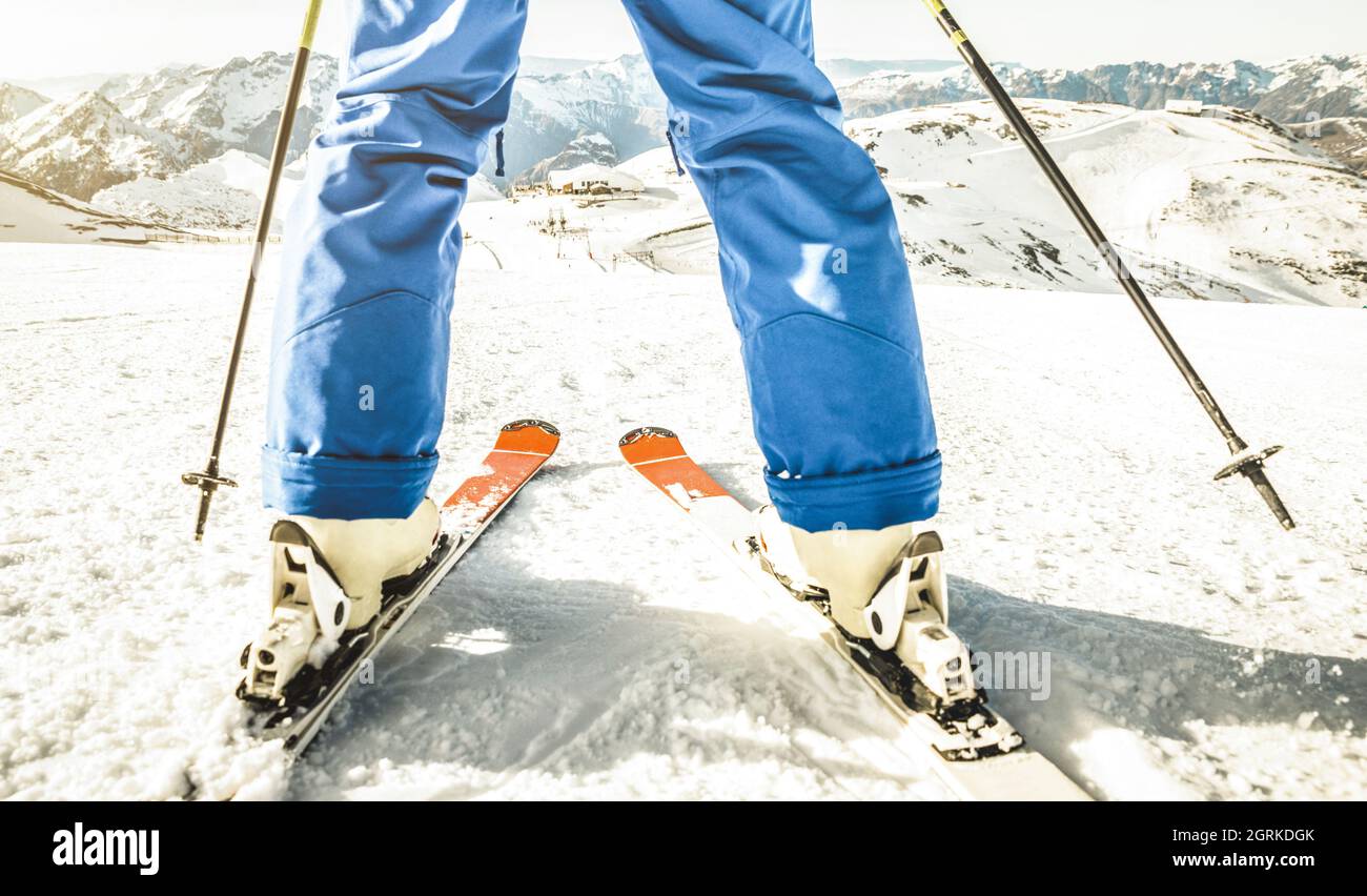 Professional skier at top of the slope in french alps ski resort ...
