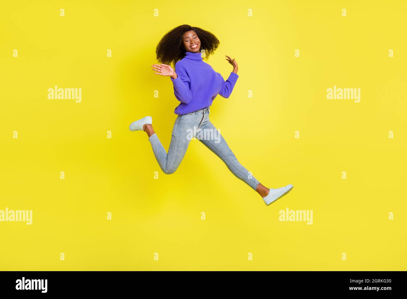 Full length profile photo of charming dark skin person jumping running ...