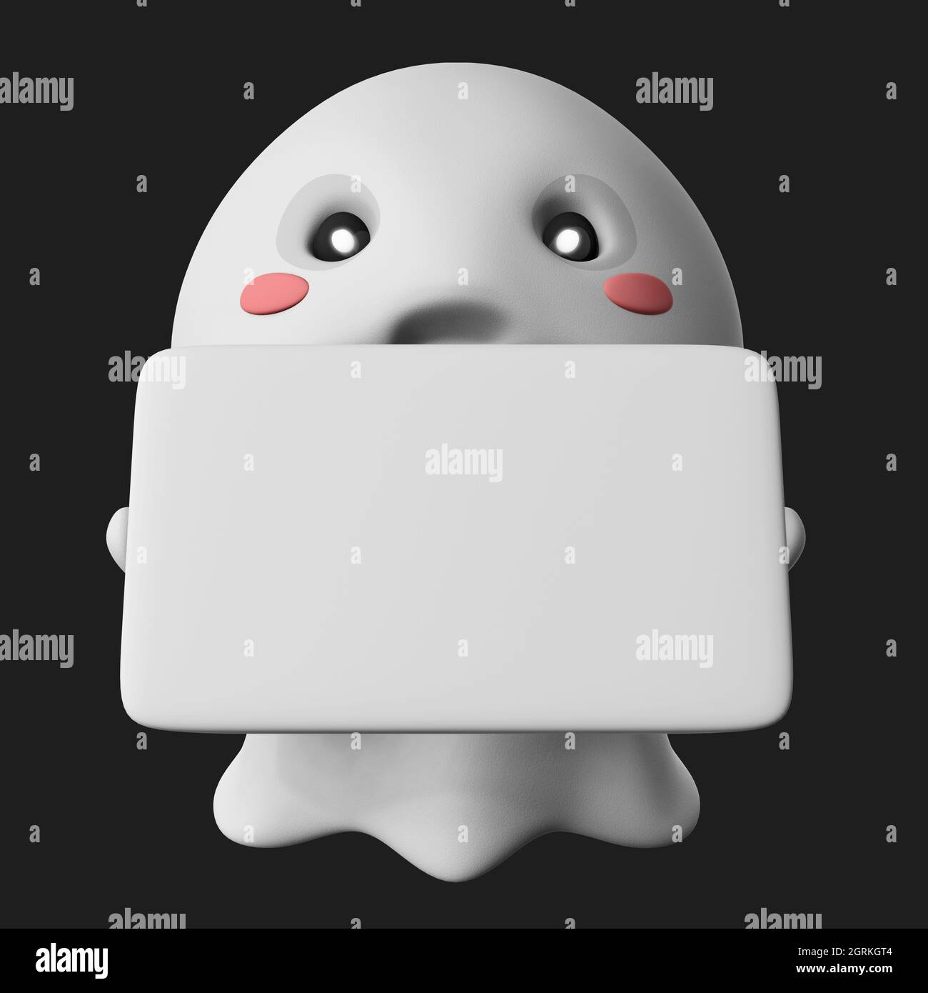 3d rendering of a cute ghost holding a white box space for text ...