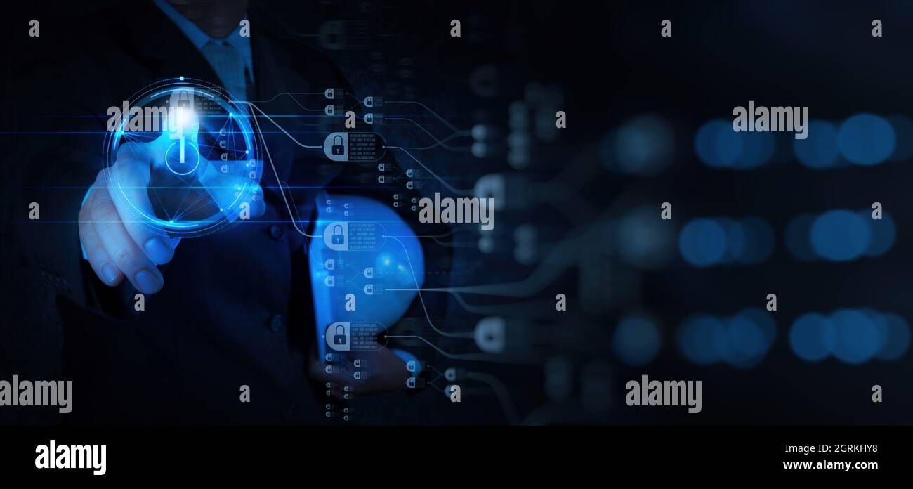 Engineer businessman hand pushing start icon on modern computer for ...