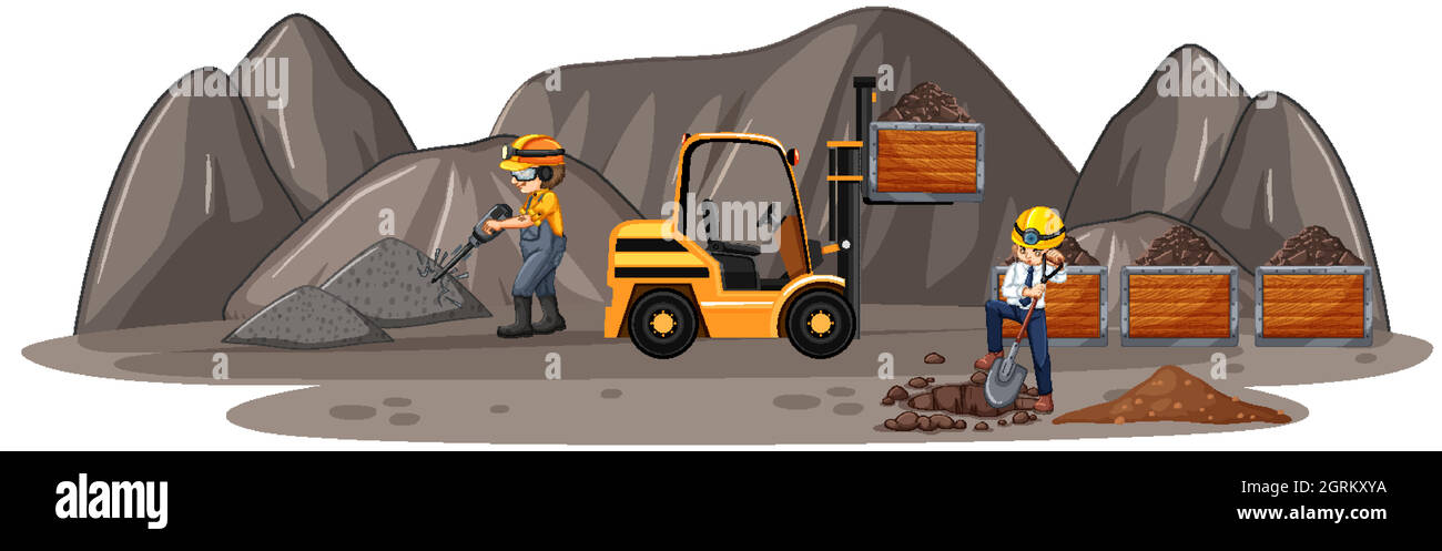 Coal mining scene with construction trucks and people Stock Vector ...