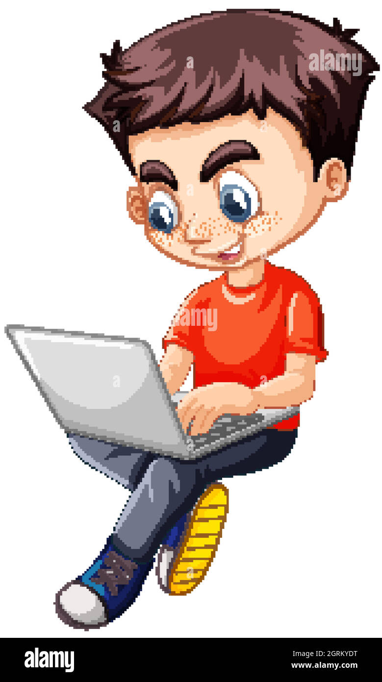 Boy in red shirt using laptop cartoon character isolated on white ...