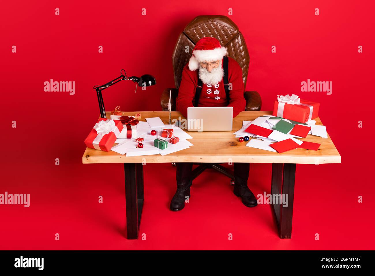 Full body photo of santa claus happy positive smile read browse chat ...