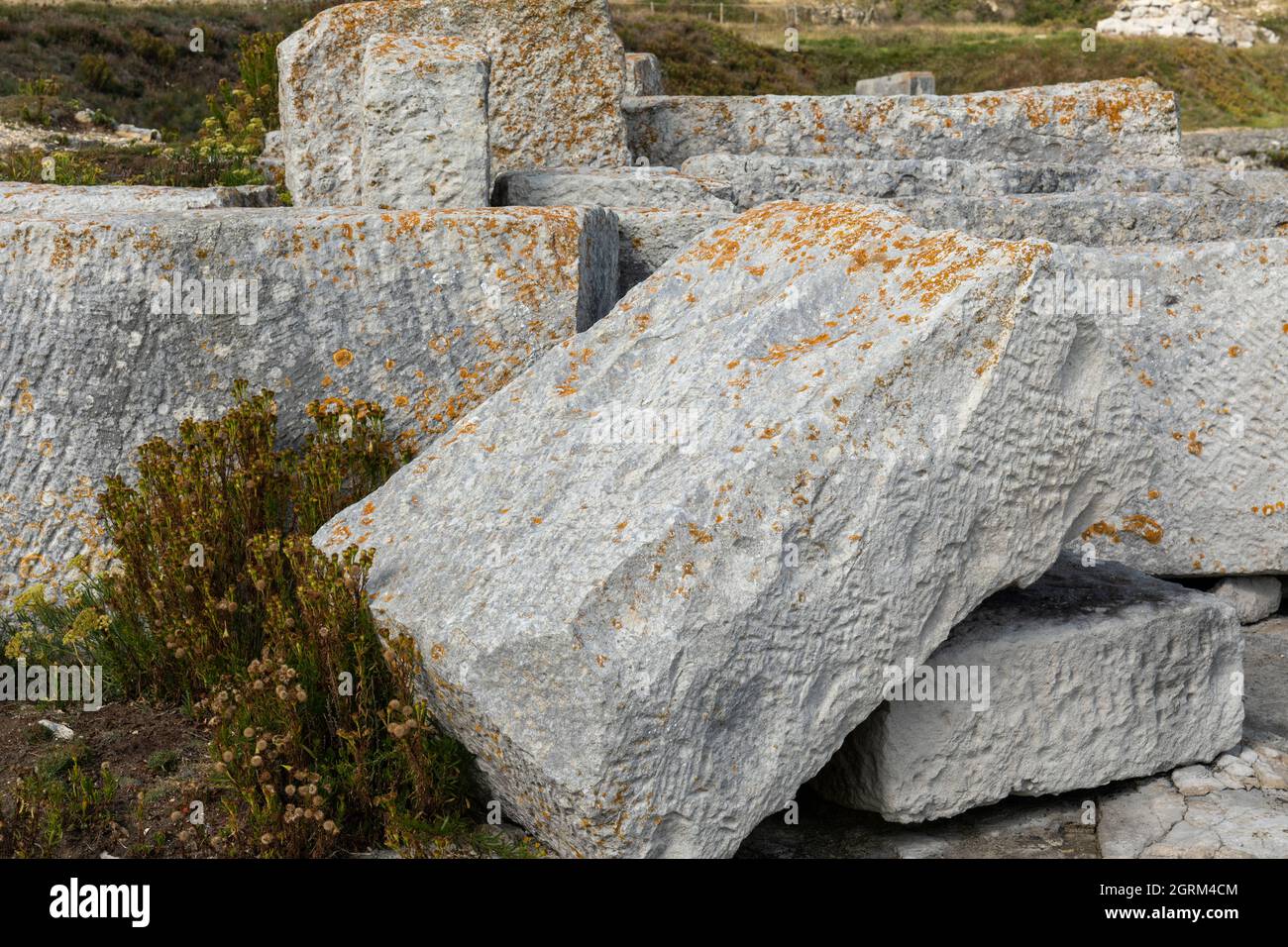 Old cut pieces of Portland stone along the rocky quarried coastline at ...