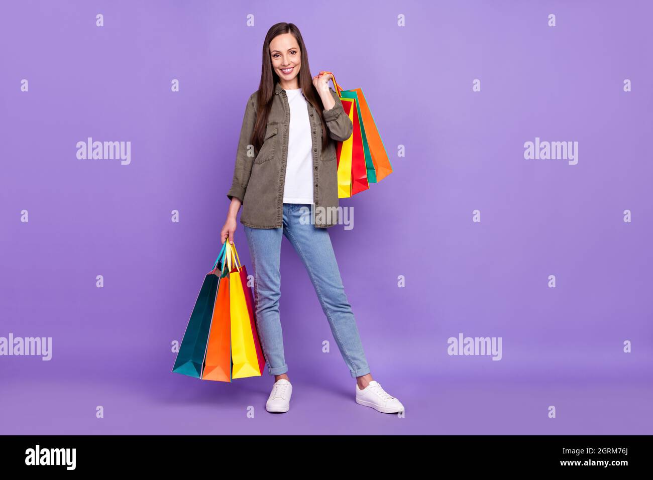 Full length body size photo woman keeping packages after sale isolated ...