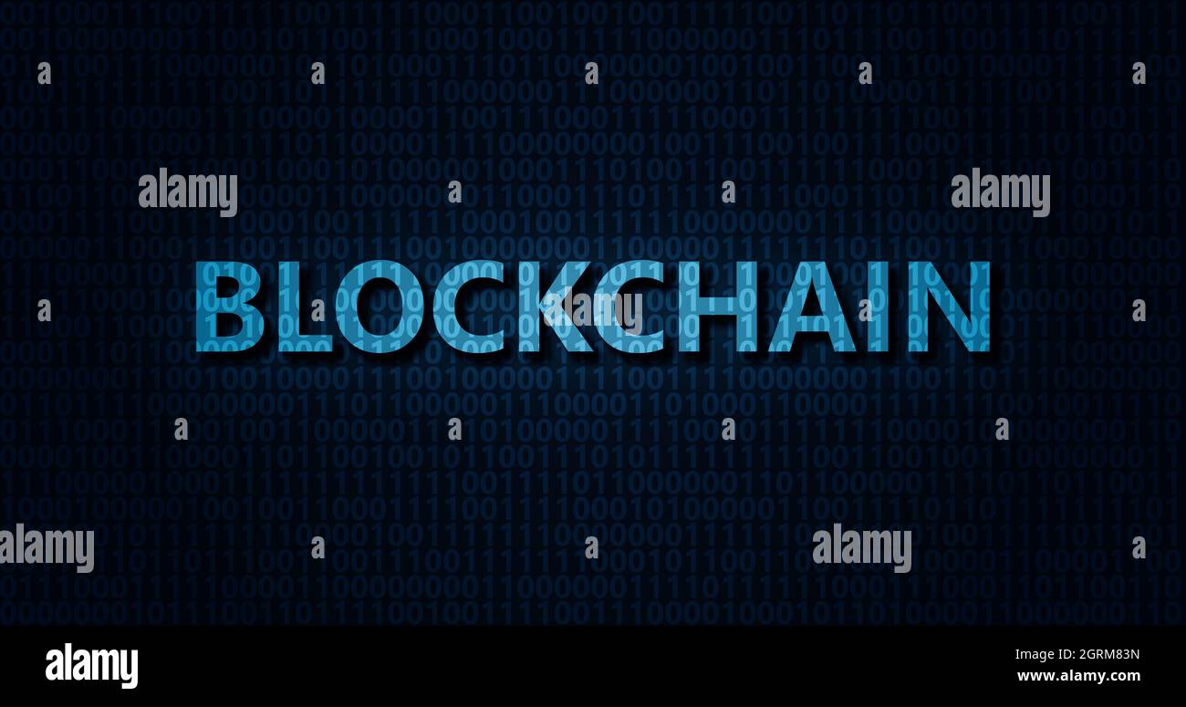 Blockchain word on digital background with binary code in blue tones ...