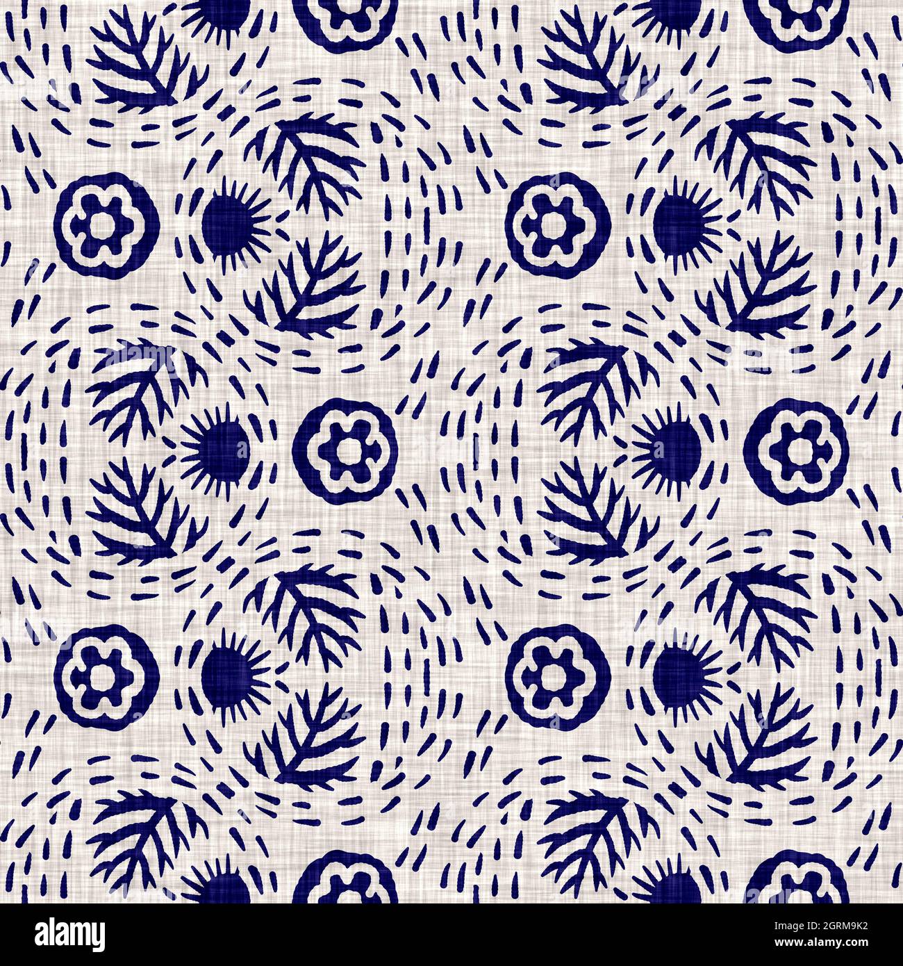 Indigo blue flower block print dyed linen texture background. Seamless ...
