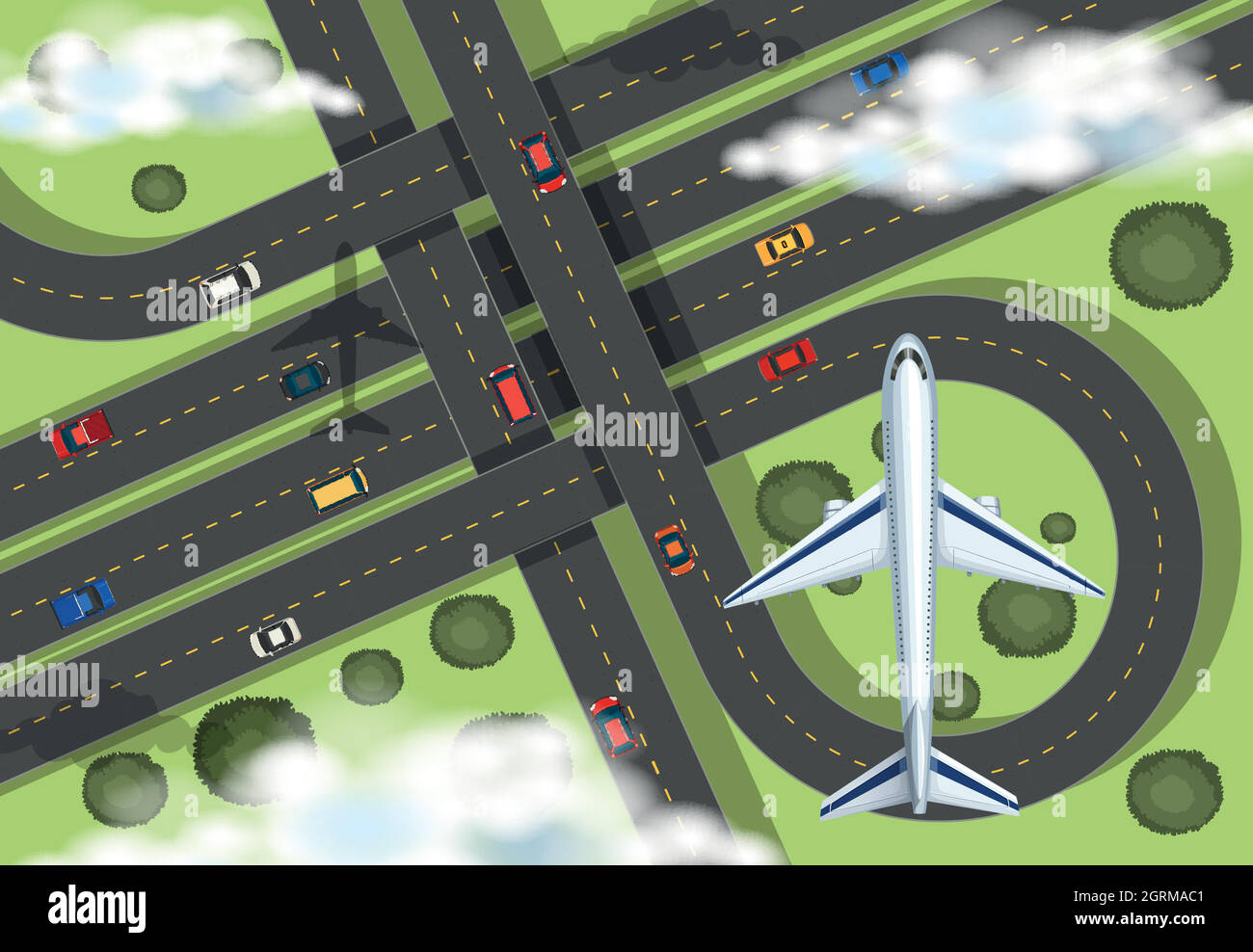 Aerial view with airplane flying in the sky Stock Vector Image & Art ...