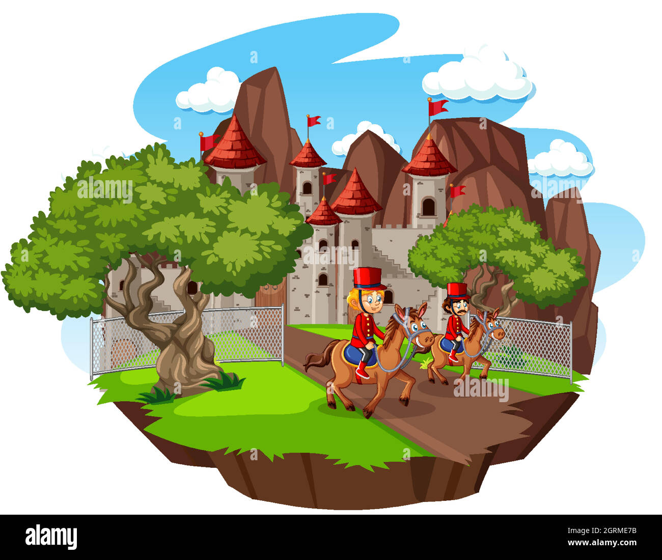 Fairytale scene with castle and soldier royal guard on white background ...