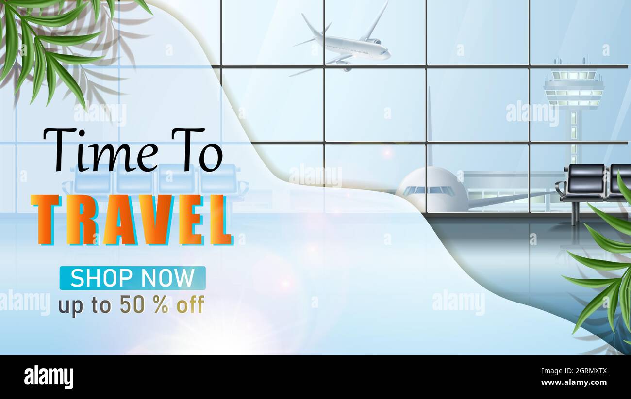 Vector travel banner. Voyage tourist background with airport waiting ...