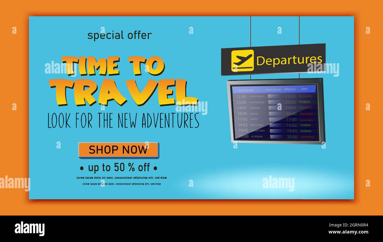 Vector travel banner. Time to travel flyer with flights table schedule ...
