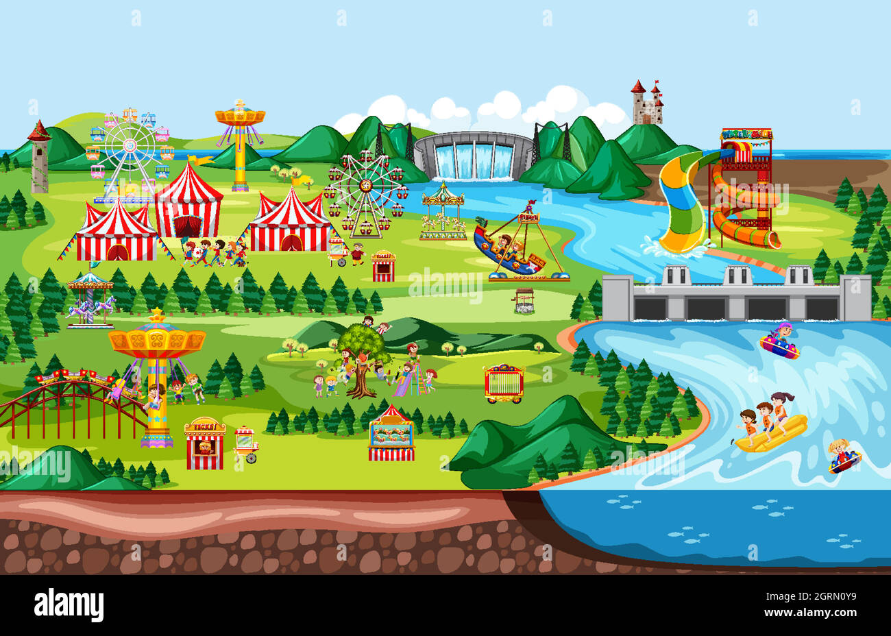 Theme amusement park landscape scene and many rides with happy children ...
