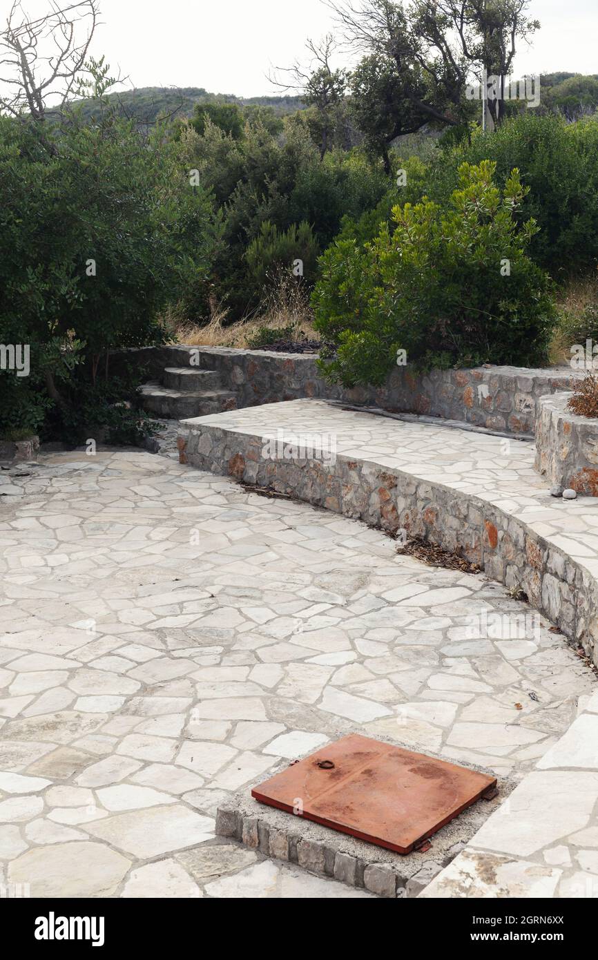 stone terrace with sea view of the bay Stock Photo - Alamy