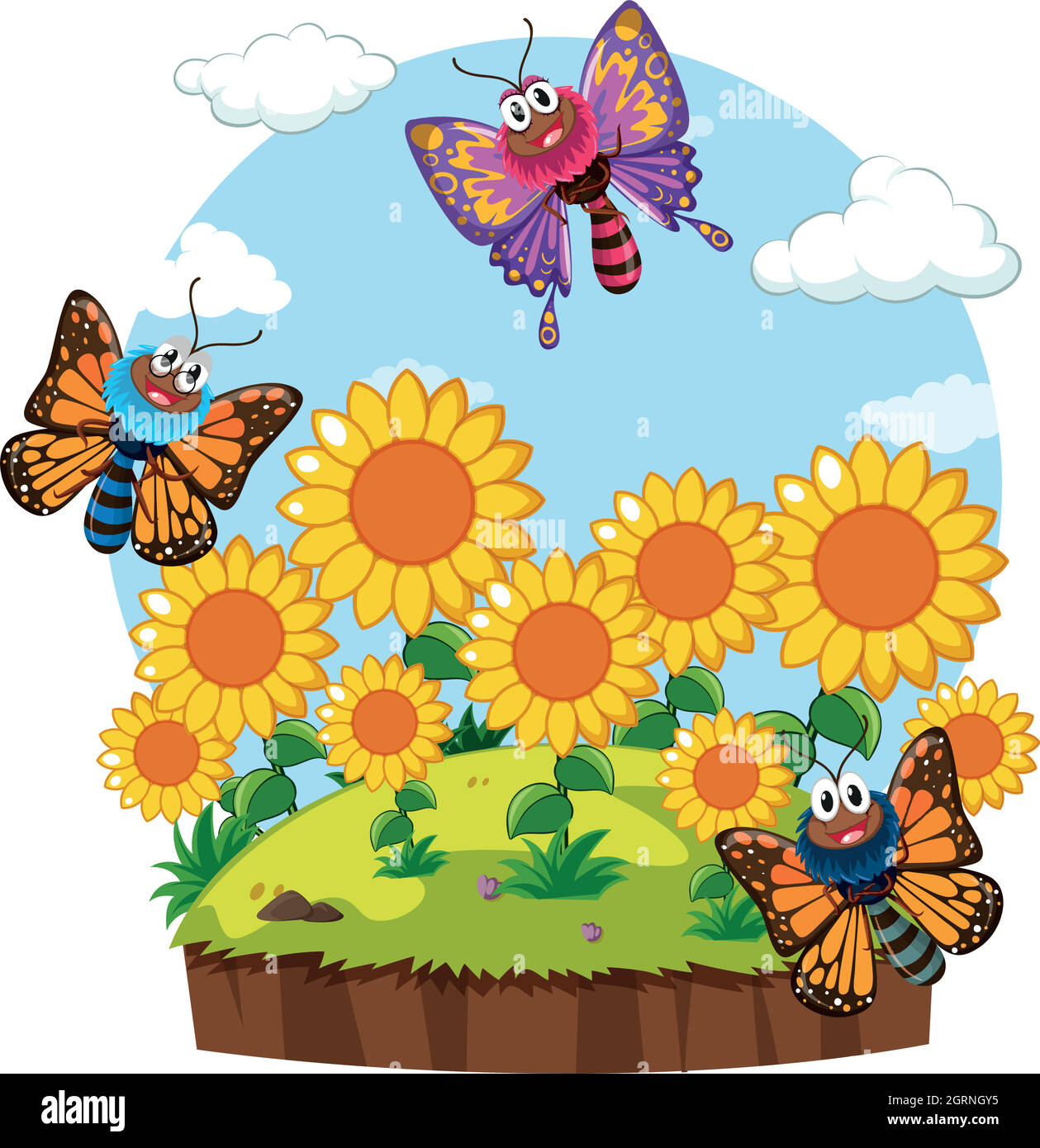 Garden scene with butterflies in sunflower garden Stock Vector Image ...