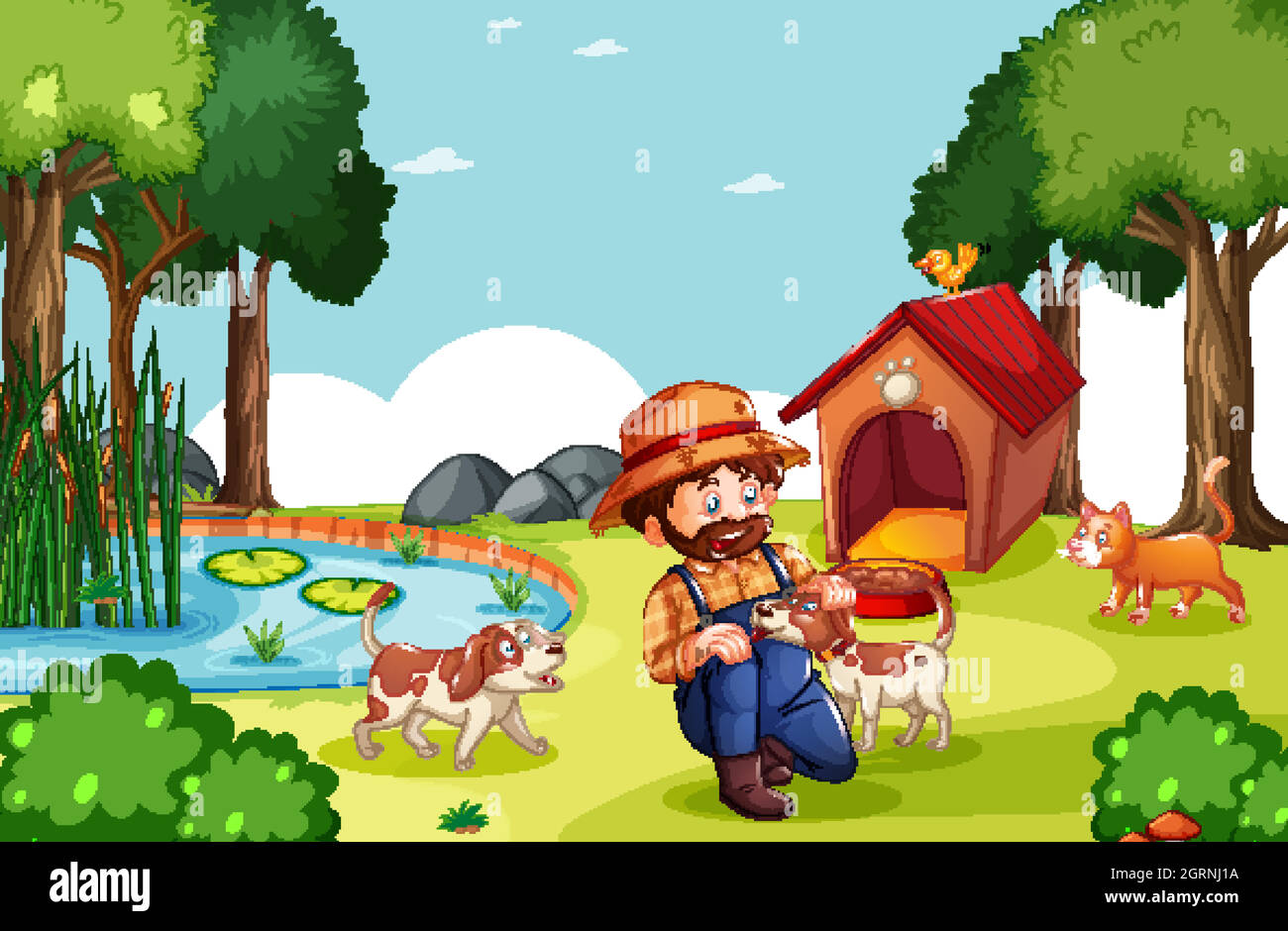 Farmer with animal farm in farm scene in cartoon style Stock Vector ...