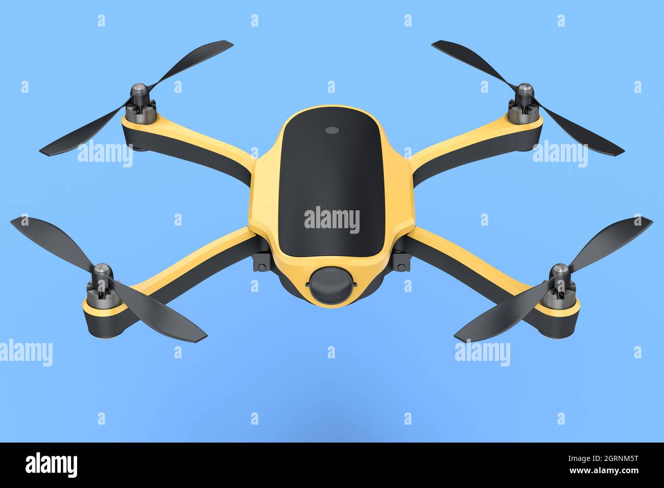Flying photo and video yellow drone or quadcopter with action camera ...