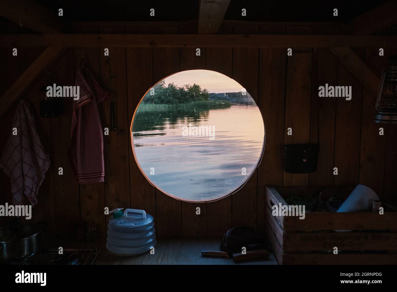 View Of Lake Seen Through Wooden Window Stock Photo - Alamy