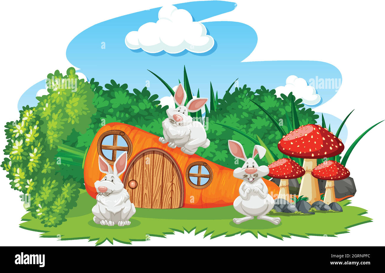 Carrot house with three mouses cartoon style on white background Stock ...