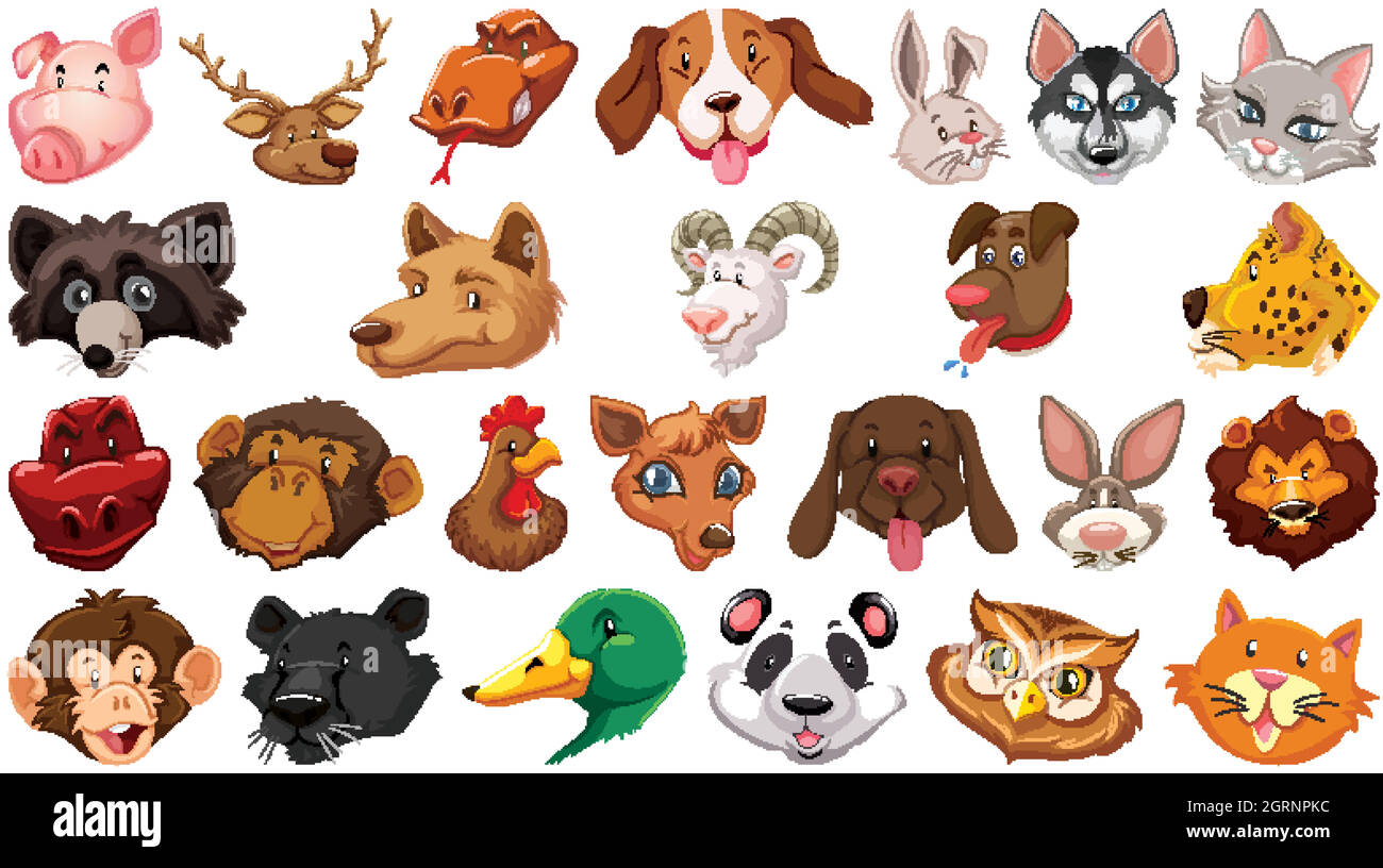 Set of different cute cartoon animals head huge isolated on white ...