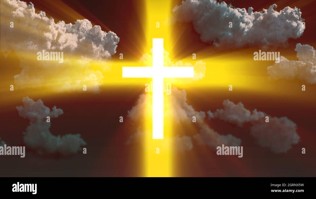 lighting holy cross symbol on cloudy sky background - digital abstract ...